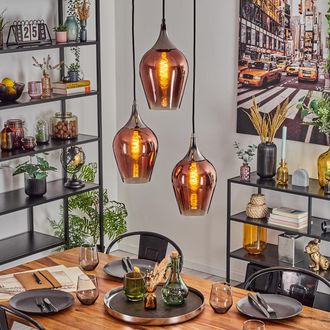 HOFSTEIN Hängeleuchte Lutarp, 3-flammige Hängelampe aus Metall/Glas in Chrom/Schwarz/Kupfer/Klar, Retro/Vintage-Design (Ø 17,5 cm), E27, Pendelleuchte verstell