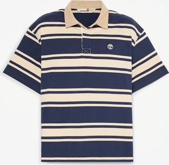 Timberland All Gender Kurz&auml;rmeliges Rugby-Polohemd mit Streifen in Dunkelblau/Beige, Blau, Gr&ouml;&szlig;e