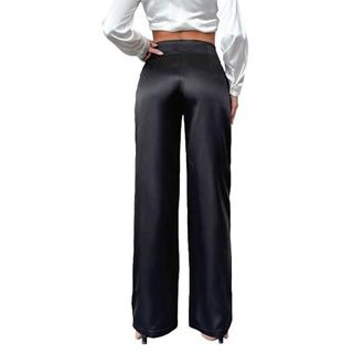 Generic Jean Large Taille Basse Sarouel Bleu Militaire Plage Satin Classe Bicolore Asym&eacute;trique Doublure Moutarde Decontracte Devant Palazzo Danse Amincissante