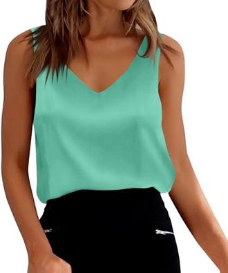 Generic D&eacute;bardeurs en satin pour femme avec col en V et sans manches - Camisole d&eacute;t&eacute; basique - Haut de travail, A Turquoise, XS