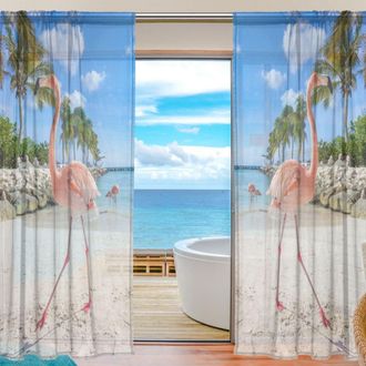 Alaza Durchsichtiger Voile-Vorhang, Strand, Flamingo, Palmen, Polyester-Material f&uuml;r Schlafzimmer, Dekoration, Zuhause, T&uuml;rdekoration, K&uuml;che, Wohnzimmer, 2 