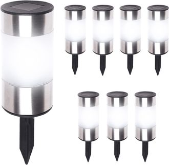 IDMarket Set aus 8 Solarpollern Design Edelstahl 2 in 1