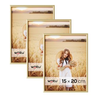 Woltu Bilderrahmen 15x20 cm, 3 Set, Fotorahmen Gold, Aluminium, mit Passepartout, zum vertikalen oder horizontalen Aufhängen/Aufstellen, für Fotos, Bilder
