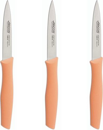 Arcos | Set 3 Schälmesser | Messer Schälmesser | Kartoffelschälermesser | Edelstahl NITRUM | Klinge 100 mm | Ökologische Verpackung | Farbe Korallen, Korall