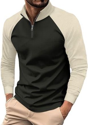Generic Sweat-shirt décontracté à fermeture éclair 1/4 pour homme - Manches longues - Col montant - Pull uni - Pour le sport et le travail - Pull léger, kaki,