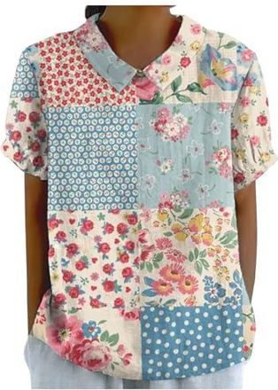 Generic T-shirt d&eacute;t&eacute; pour femme - Col rond &eacute;l&eacute;gant - Col rond - Chemise en lin imprim&eacute;e - Pull ample - T-shirt d&eacute;contract&eacute;, rouge, XXL