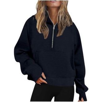 Generic Pull &agrave; capuche court en polaire avec trou pour le pouce et poches pour femme, bleu marine, XL