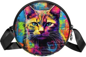 Generic Sac &agrave; bandouli&egrave;re rond rond pour femme, motif graffiti de chat, avec fermeture &eacute;clair, bretelles r&eacute;glables, d&eacute;contract&eacute;
