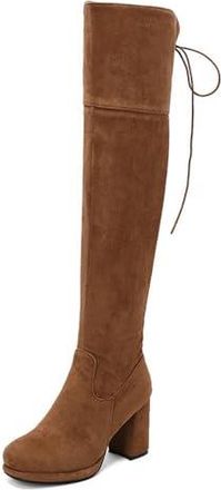 Generic Bottes &agrave; talons carr&eacute;s &agrave; bout rond pour femme - &Eacute;lastique - Lacets larges - Chaussures dhiver chaudes avec fermeture &eacute;clair, marron, 37.5 EU