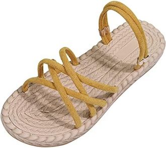 Generic Sandales &agrave; lani&egrave;res pour femme - Couleur unie - Sandales crois&eacute;es 2 en 1 - Sandales plates romaines respirantes - Chaussures de plage tendance &agrave; bout 