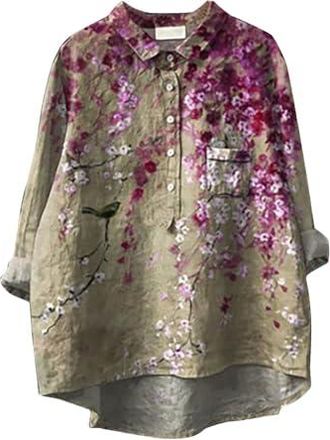 Generic Chemisier Femmes Coton Et Lin Chic D&eacute;contract&eacute; Chemises D&eacute;t&eacute; &Agrave; Manches Longues Col V L&acirc;che Tops L&eacute;ger Respirant Tunic Mode Coton Et Lin Chic Et Elegan