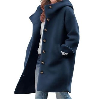 Generic Manteau dhiver long à boutonnage simple en laine mélangée avec capuche, veste ample décontractée pour femme avec poches, bleu marine, XXL