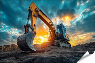 Islandburner XXL Bild Poster Gelber Bagger bei Sonnenuntergang auf Baustelle Himmel Wolken Premium Bilder Fotodruck