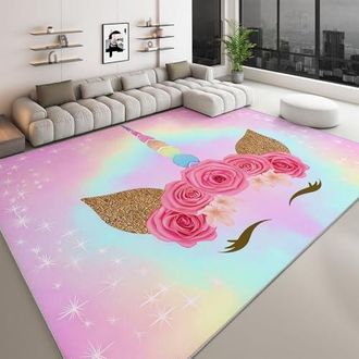 Generic Tapis Lavable &agrave; Poils Courts, Tapis Antid&eacute;rapant Doux Dessin Anim&eacute; Floral Animal Licorne pour Salon Salle &agrave; Manger Chambre &agrave; Coucher et Bureau - D&eacute;cor