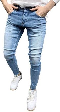 Generic Jean skinny fusel&eacute; extensible pour homme, coupe ajust&eacute;e, pantalon crayon en denim d&eacute;lav&eacute;, pantalon classique skinny, bleu clair, 3XL