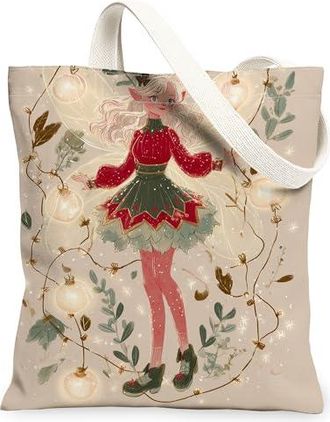 Generic Sac fourre-tout en toile motif f&eacute;e de No&euml;l, sac &agrave; provisions r&eacute;utilisable, vintage, l&eacute;ger, lavable, Beige, 13x15 Inch