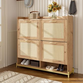 Generic Schuhschrank mit Rattan-T&uuml;ren und Metallgestell, Holz-Kommode mit 4 T&uuml;ren und Ablage, platzsparendes Sideboard f&uuml;r Flur & Eingangsbereich, Aufbewahrun