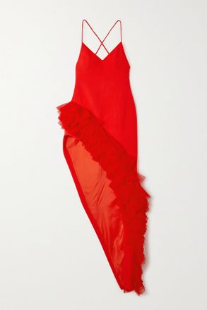 DAVID KOMA Asymmetrisches Midikleid Aus Woll-cr&ecirc;pe Mit T&uuml;llbes&auml;tzen - Rot