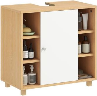 HOMCOM Meuble sous lavabo avec 6 &eacute;tag&egrave;res Ouvertes et Placard, Meuble sous lavabo avec d&eacute;coupe en U et 2 Portes &agrave; Fermeture Progressive, pour lavabos avec ou