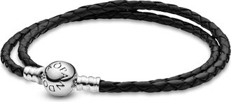 Pandora Moments doppeltes Schwarzes Lederarmband mit gepr&auml;gtem Kugelverschluss aus Sterling-Silber, vielseitig kombinierbar, Gr&ouml;&szlig;e: 41cm