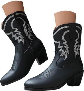 Generic Bottes de cowboy pour femme - Bottes de cowboy larges - Bottes de cowboy occidentales à mi-mollet brodées - Coupe large - Bottes de cowgirl en daim br