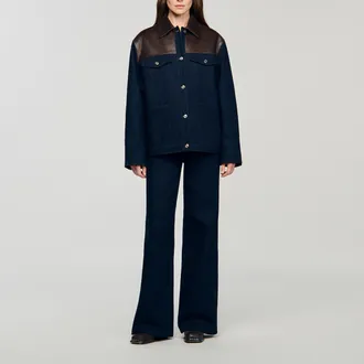 Sandro Blouson en denim et en cuir