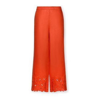 Elena Miro Leinenhose mit bestickten Kanten - - Trousers - Damen - Orange - 4XL