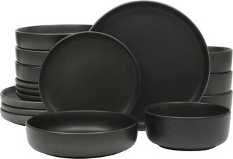 Gibson Home Gibson Soho Lounge Pasco 16-teiliges (Service für 4) Teller und Schüsseln, Doppelschüssel, reaktive Glasur, Steingut, Keramik, Geschirr-Set, Schwarz