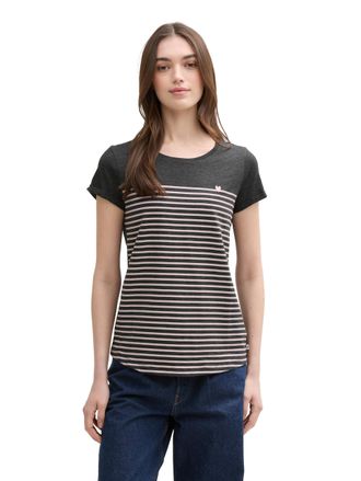 Tom Tailor Damen Streifen T-Shirt mit Herz-Stickerei auf der Brust,19022 - Dark Grey Rose Stripe,XL