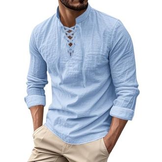 Generic Chemises en coton pour homme en lin pour homme - Chemise en lin &agrave; manches longues - Chemise en coton &agrave; manches longues - Coupe ajust&eacute;e - T-shirts d&eacute;co