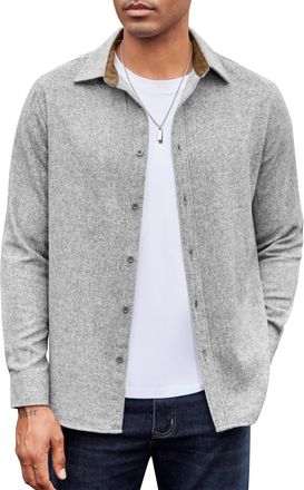 Coofandy Herren Cord Hemd Langarm Baumwolle Warm Casual Freizeithemden Button Down Hemdjacke Hellgrau XXL