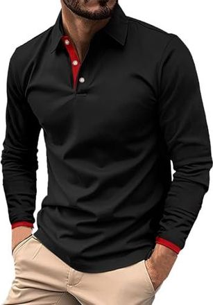 Generic Polo à manches longues pour homme - Décontracté - Couleurs contrastées - T-shirt de travail basique - Respirant et léger - Coupe classique - Polos de 