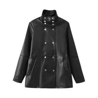 Generic Manteau Vintage en Faux Cuir &agrave; Double Boutonnage for Femme avec Col Montant(Black,M)
