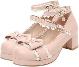 Yarnow Chaussures Femmes Lolita &agrave; Talons &Eacute;pais avec Noeud en Dentelle Style Rond Confortable Antid&eacute;rapantes et Respirantes pour Jeans et Jupes