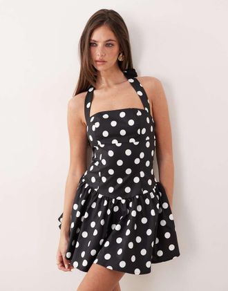 the frolic Exklusives Neckholder-Minikleid in Schwarz mit eckigem Ausschnitt und Polka Dots