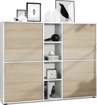 Vladon Highboard Cuba V3, Made in Germany, Wei&szlig; matt/Eiche s&auml;gerau - Moderne Anrichte mit 12 F&auml;chern (130,5 x 105,5 x 35,5 cm)