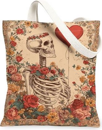 Generic Sac fourre-tout en toile motif floral squelette vintage, r&eacute;utilisable, sac d&eacute;picerie dautomne chic, l&eacute;ger et lavable, multicolore, 13x15 Inch