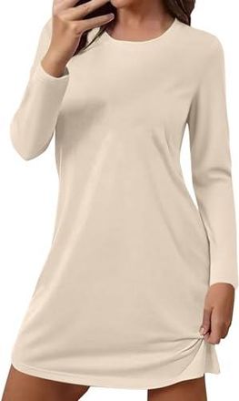 Generic Chemise de nuit en coton &agrave; manches longues pour femme, chemise de nuit courte en coton &agrave; col rond, v&ecirc;tements de nuit amples confortables, v&ecirc;tements de