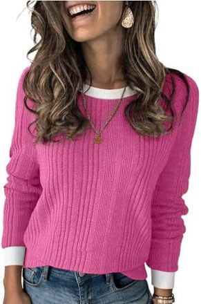 TOMWELL Pull Femme Col Rond Chic Pulls Automne Hiver Manches Longues Sweats Classique Shirt A Rose Rouge XXL