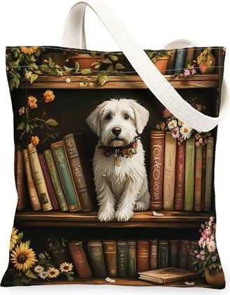 Generic Spring Brittanys Sac fourre-tout en toile r&eacute;utilisable pour faire du shopping, 33 x 38,1 cm, imprim&eacute; floral, chiot pour femme, animal domestique, plag