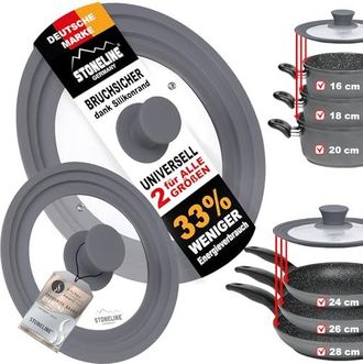 STONELINE Set de 2 Couvercles en Verre Multifonctions pour 16/18/20 cm et 24/26/28 cm, Set de 2 avec Bord en Silicone, Couvercle pour Po&ecirc;les et Casseroles, Gain