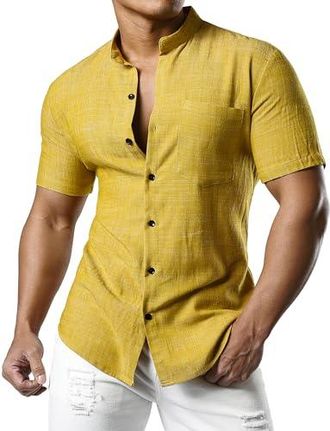 JOGAL Chemise en lin &agrave; manches courtes pour homme - Coupe droite - Chemise d&eacute;t&eacute; boutonn&eacute;e - Chemise de loisirs, Gingembre, XL
