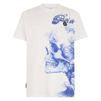 Philipp Plein Homme, Tops, Blanc, Taille: XS T-Shirt Col Rond T&ecirc;te de Mort en C&eacute;ramique