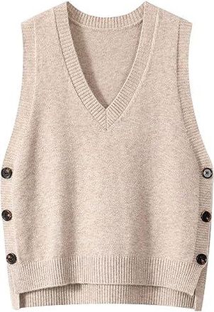 QWUVEDS Pull sans Manche Femme Vintage- Gilet Hiver Col V Couleur Unie Décontracté avec Boutons sur Le CôTé Chic Et Élégants Sweater Coupe Slim Classiques Pas