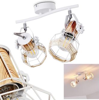 HOFSTEIN Deckenleuchte Barbacena, Deckenlampe aus Metall/Holz/Bast in Weiß/Braun, 2-flammig, 2 x E27-Fassung max. 40 Watt, verstellbarer Spot in Gitter-Optik m