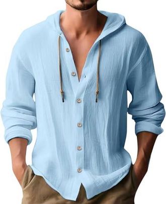 Generic Chemise en lin pour homme - Coton et lin - Sweat &agrave; capuche - Manches longues - Chemise d&eacute;t&eacute; &agrave; manches longues avec capuche - Boutonni&egrave;re - Couleur uni