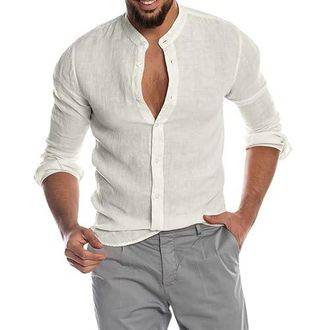 Generic Chemise en lin blanc pour homme, chemise en lin, chemises &agrave; manches longues, chemises blanches, coupe droite, t-shirt noir, col en V, hauts d&eacute;contract
