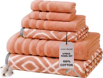 Modern Threads Amrapur 6-teiliges Set aus 100% gekämmter Baumwolle mit Jacquard-Streifen, sehr weich, 550 g/m² 2 Badetücher, 2 Handtücher, 2 Waschlappen, Koralle, St