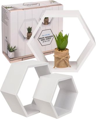 Out of the Blue Wei&szlig;es Wandregal 6-eckig 2er-Set - Modernes Hexagon-Design aus robustem Material - Stilvolle Wanddeko f&uuml;r Wohnzimmer & B&uuml;ro - Ideal f&uuml;r Pflanzen, B&uuml;ch