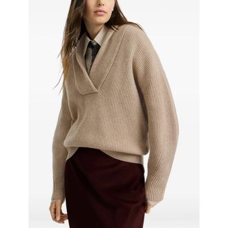 Brunello Cucinelli Cashmere English Rib-Knit Sweater - Beige
